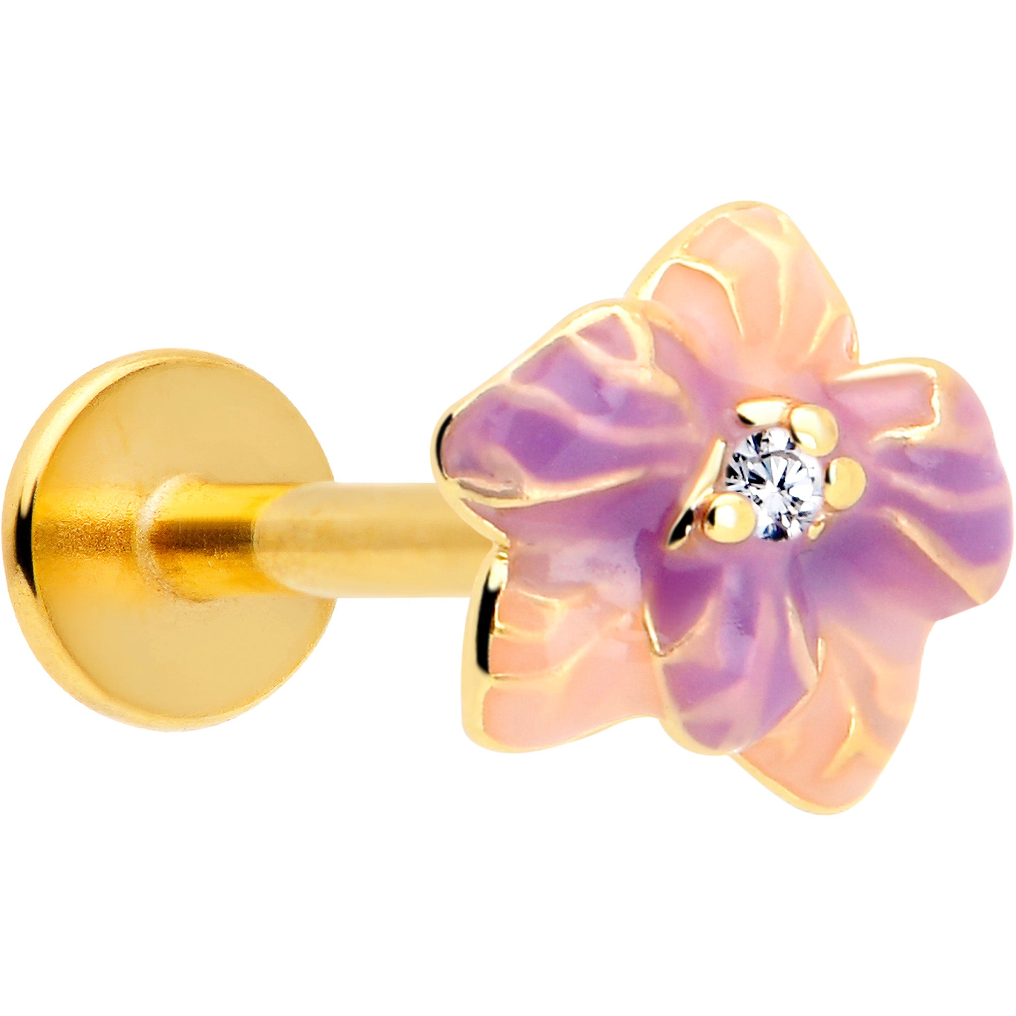 Pastel Flower Gold Tone Labret with Clear Gem 16 Gauge