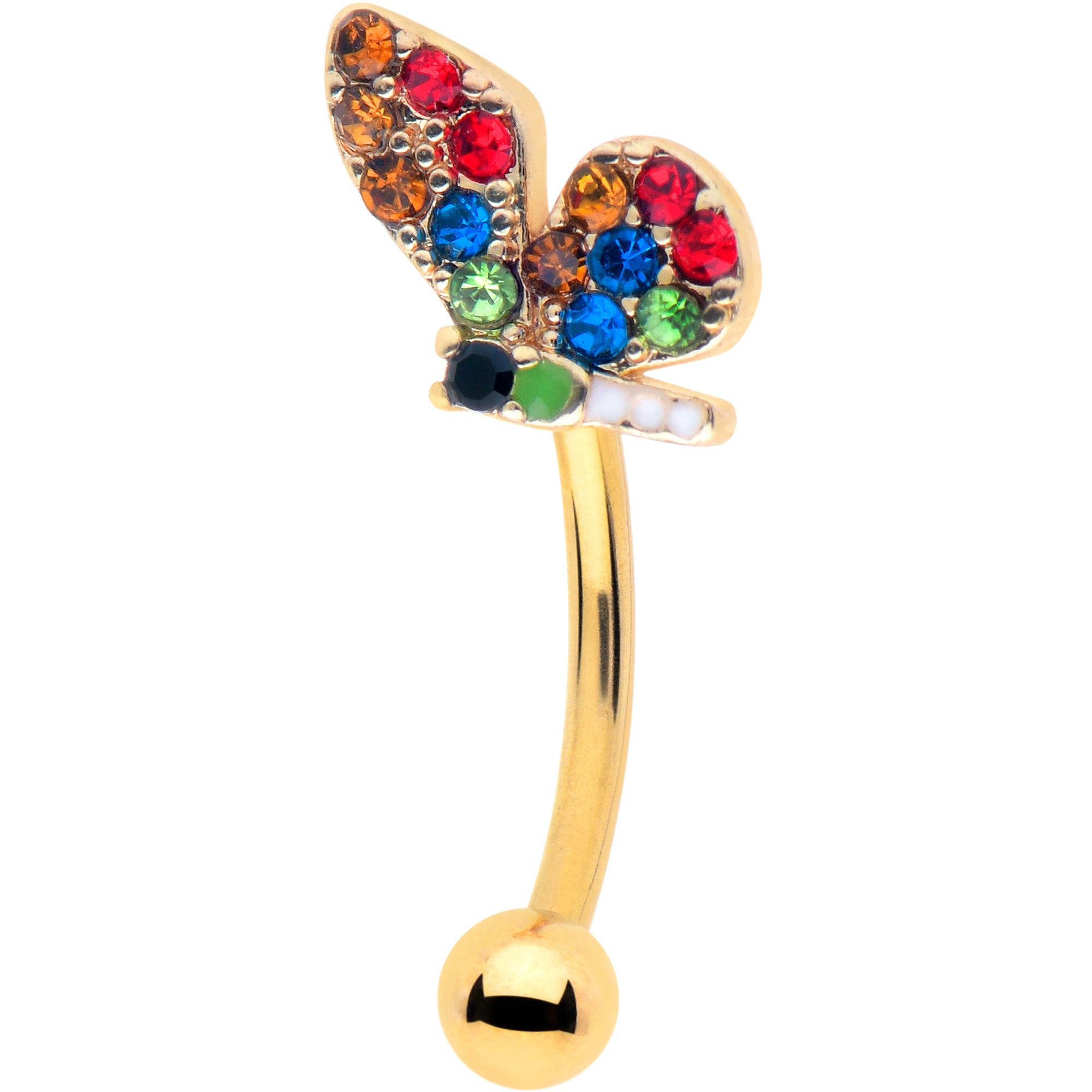 16 Gauge 5/16 Red Blue Gem Gold Tone Butterfly Curved Eyebrow Ring
