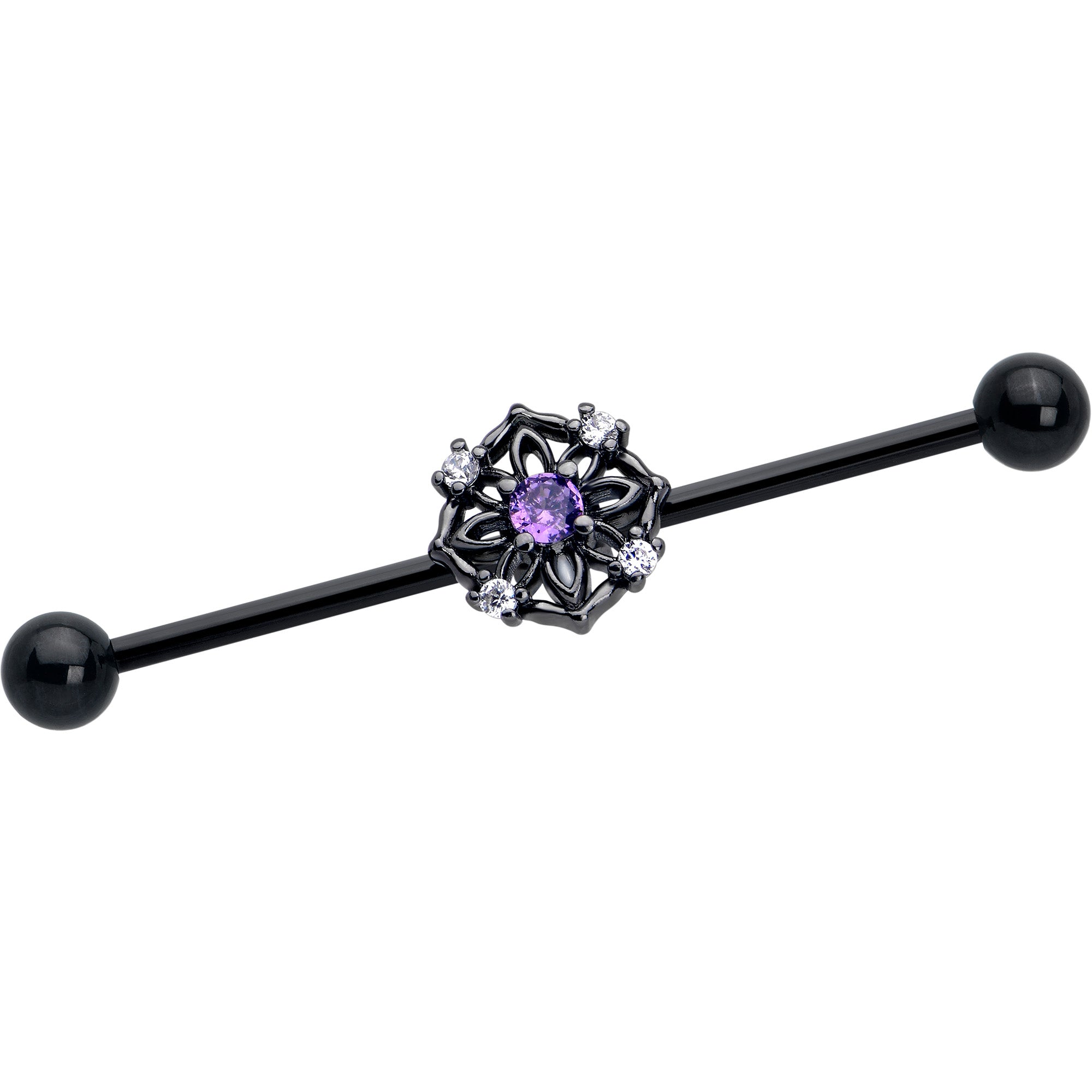 14G Purple CZ Gem Black Flower Industrial Barbell Ring 38mm