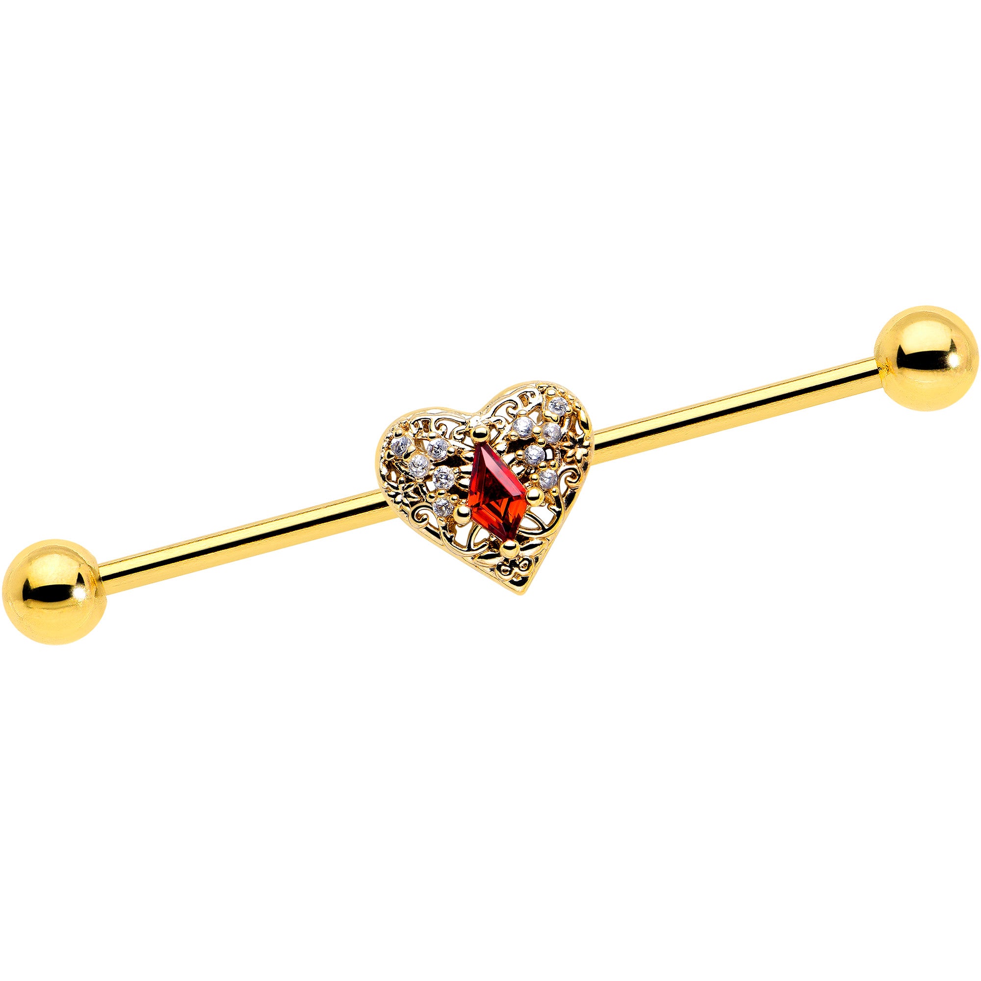 14 Gauge Red CZ Gem Gold Tone Heart Queen Industrial Barbell 38mm
