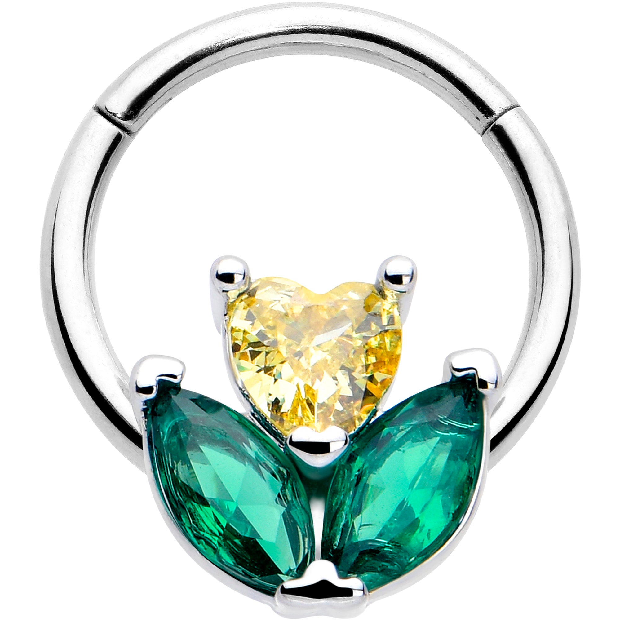 16 Gauge 5/16 Yellow Green CZ Gem Love Flower Hinged Segment Ring
