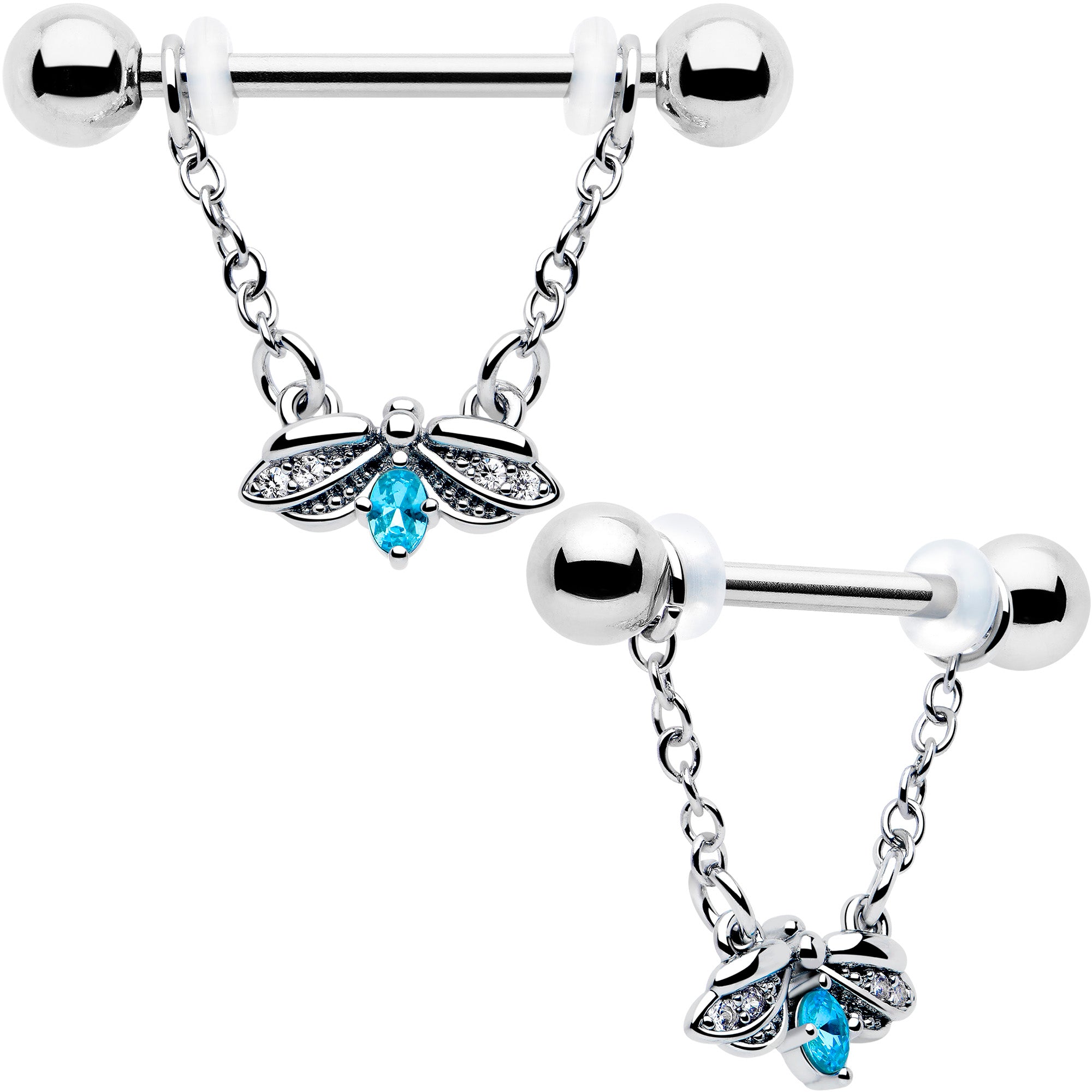 14G 9/16 Blue Gem Beauty Bug Chain Dangle Nipple Ring Set