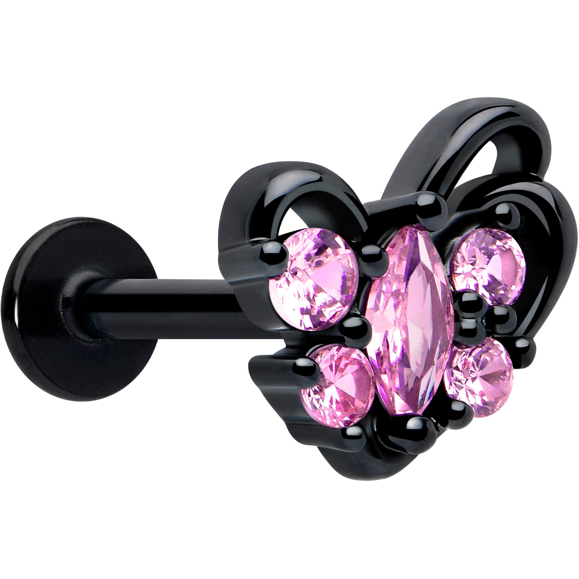 16G Pink CZ Gem Black Looping Heart Flat Back Cartilage Tragus Labret