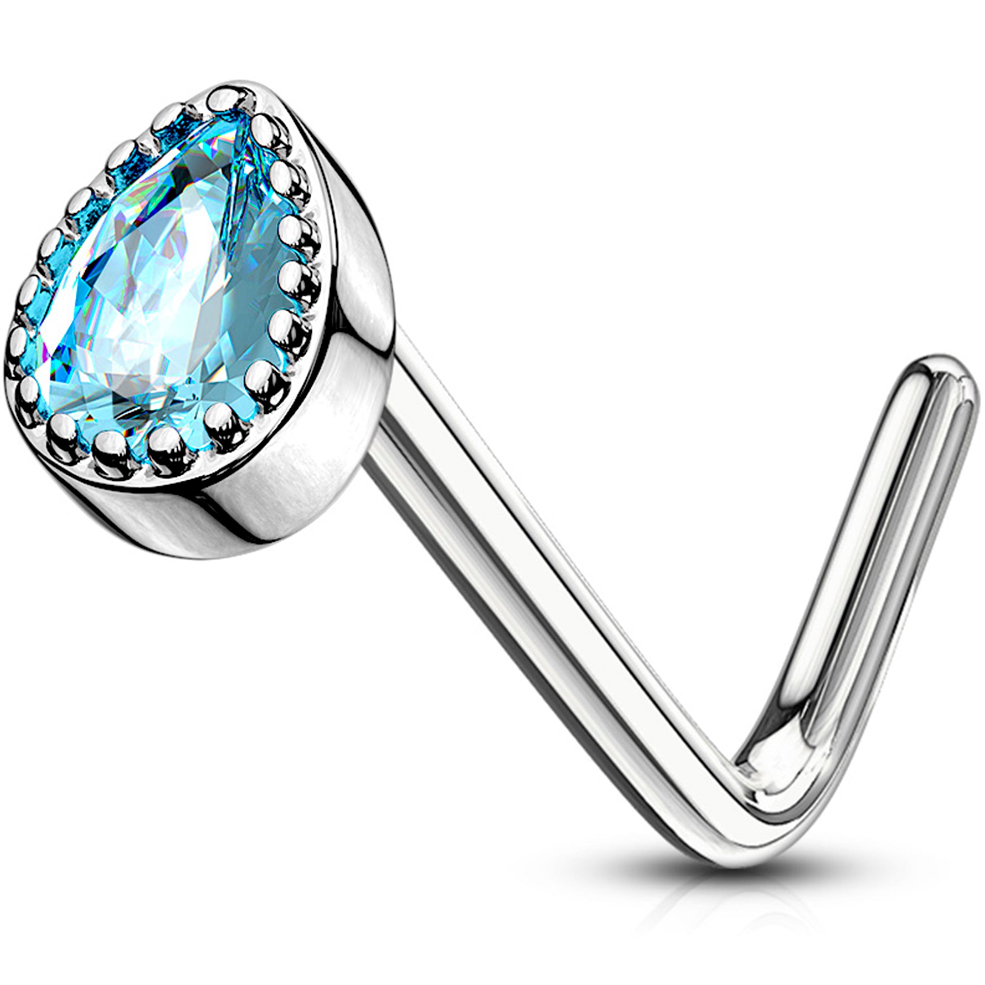 20 Gauge 1/4 Blue Gem Teardrop L Shape Nose Ring
