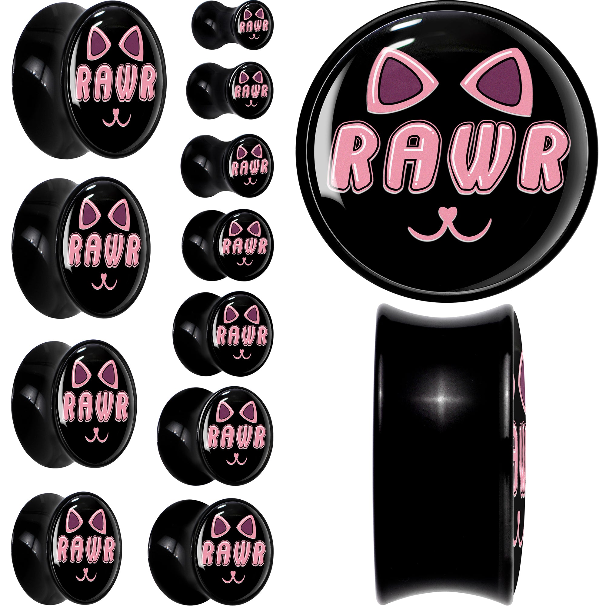 0 Gauge RAWR Kitty Cat Black Acrylic Saddle Plug Set by Onyx O