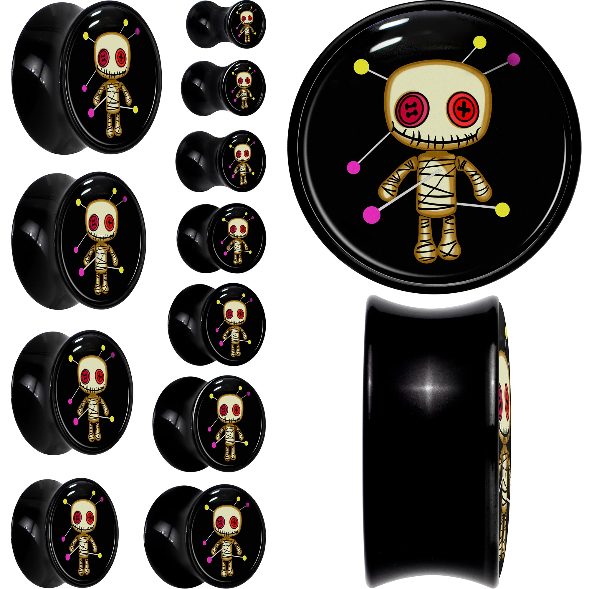 0 Gauge Voodoo Doll Black Acrylic Saddle Plug Set by Onyx O