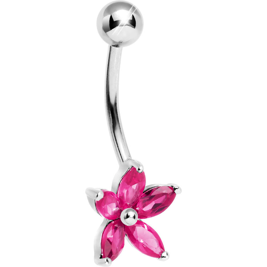 Solid 14kt White Gold Ruby Cubic Zirconia Lily Belly Ring