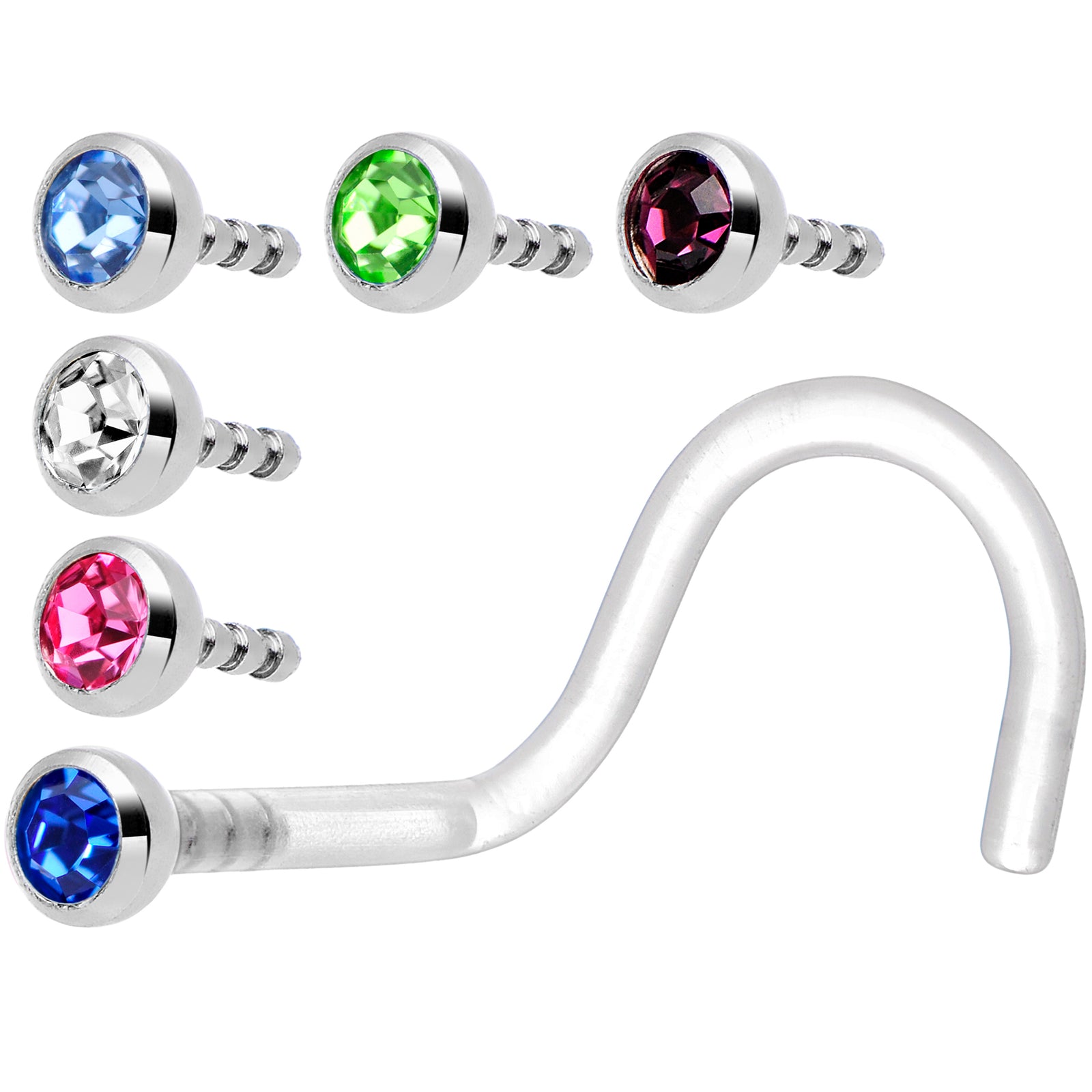 18 Gauge Bioplast CZ Nose Ring Pack Set