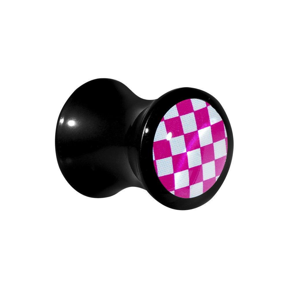 0 Gauge Black Acrylic Pink and White Checkerboard Saddle Plug