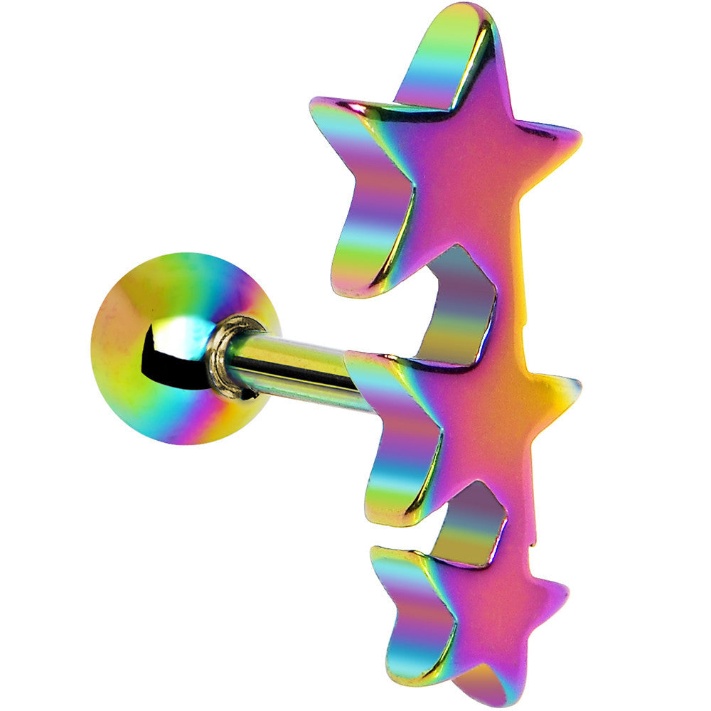 Rainbow Anodized Titanium Triple Star Cartilage Tragus Earring