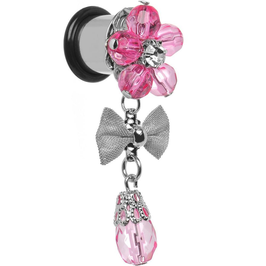 Steel Pink Flower Mesh Bow Dangle Plug Sizes 5mm to 12mm