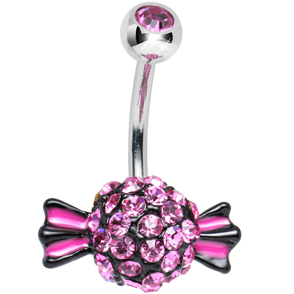 Crystalline Gem Paved Pink and Black Piece of Candy Belly Ring