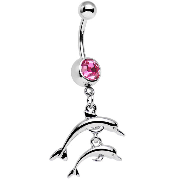 Pink Gem Diving Duo of Dolphins Dangle Belly Ring – BodyCandy