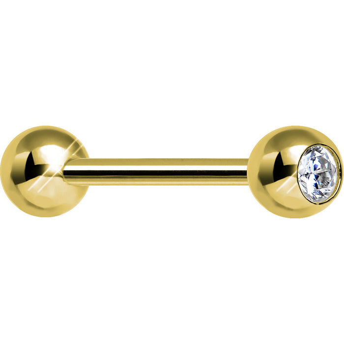 Solid 14KT Yellow GOLD Crystalline Gem CZ SOLITAIRE Barbell Tongue Rin