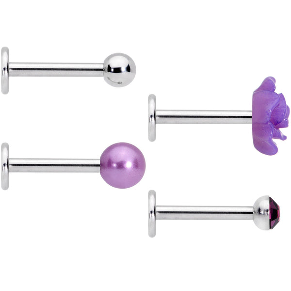 16 Gauge 1/4 Purple Gem Rose Flower Labret Monroe Tragus Set of 4 ...