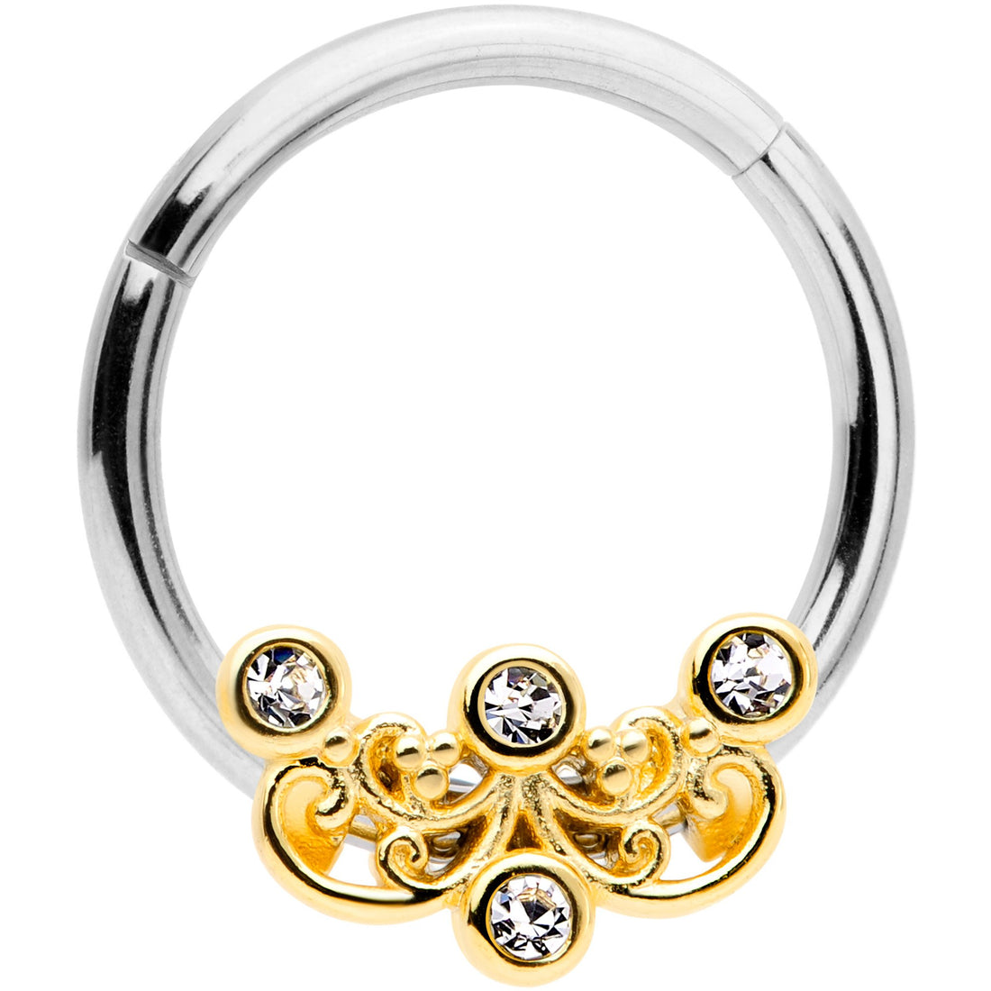16 Gauge 3/8 Clear CZ Gem Abstract Scrolls Hinged Septum Segment Ring