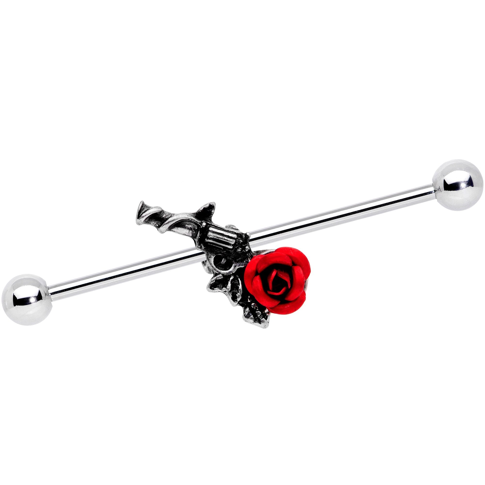 14 Gauge Red Rose Flower and Gun Industrial Barbell 38mm