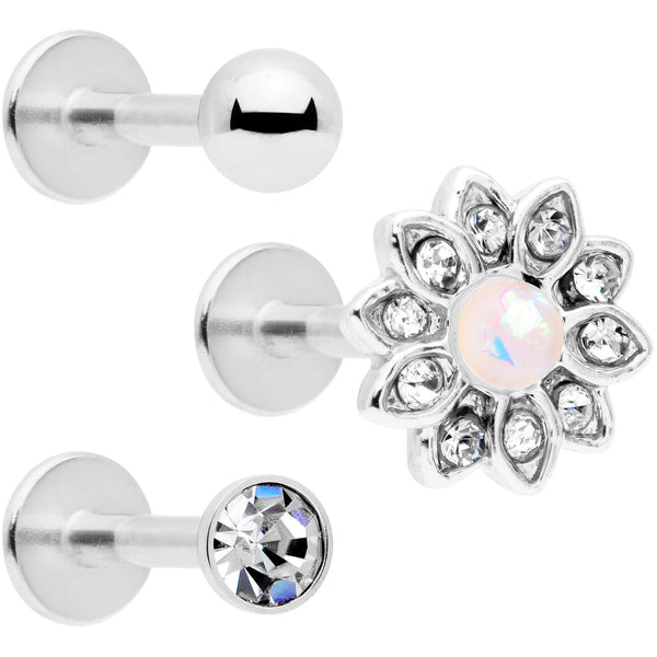 16 Gauge 5/16 White Faux Opal Flower Labret Set of 3 – BodyCandy