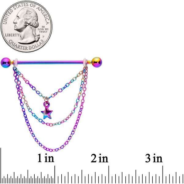 14 Gauge Rainbow Star Triple Chain Dangle Industrial Barbell 38mm ...