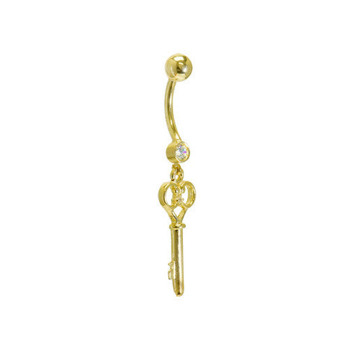 16 Gauge Solid 14KT Yellow Gold Cubic Zirconia SKELETON KEY Belly Ring