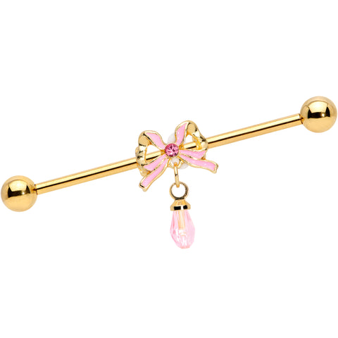14 Gauge Pink Gem Gold Tone Bow Dangle Industrial Barbell 38mm – BodyCandy