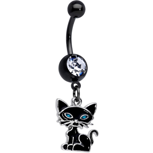 Clear Gem Black Blue Eyed Black Cat Dangle Belly Ring