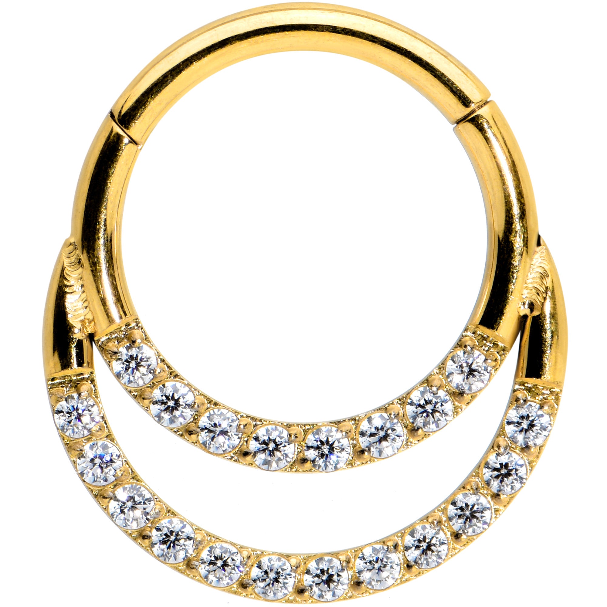 16 Gauge 5/16 Clear CZ Gem Gold Tone Double Row Hinged Segment Ring
