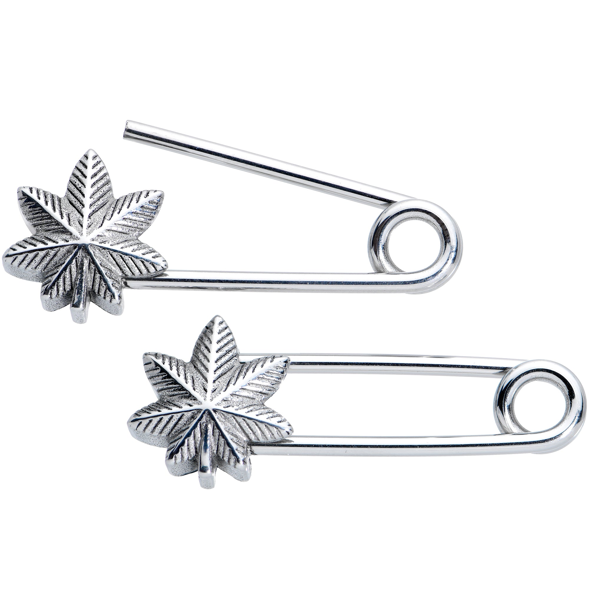 14 Gauge 3/4 Pot Leaf Safety Pin Punk Rock Barbell Nipple Ring Set