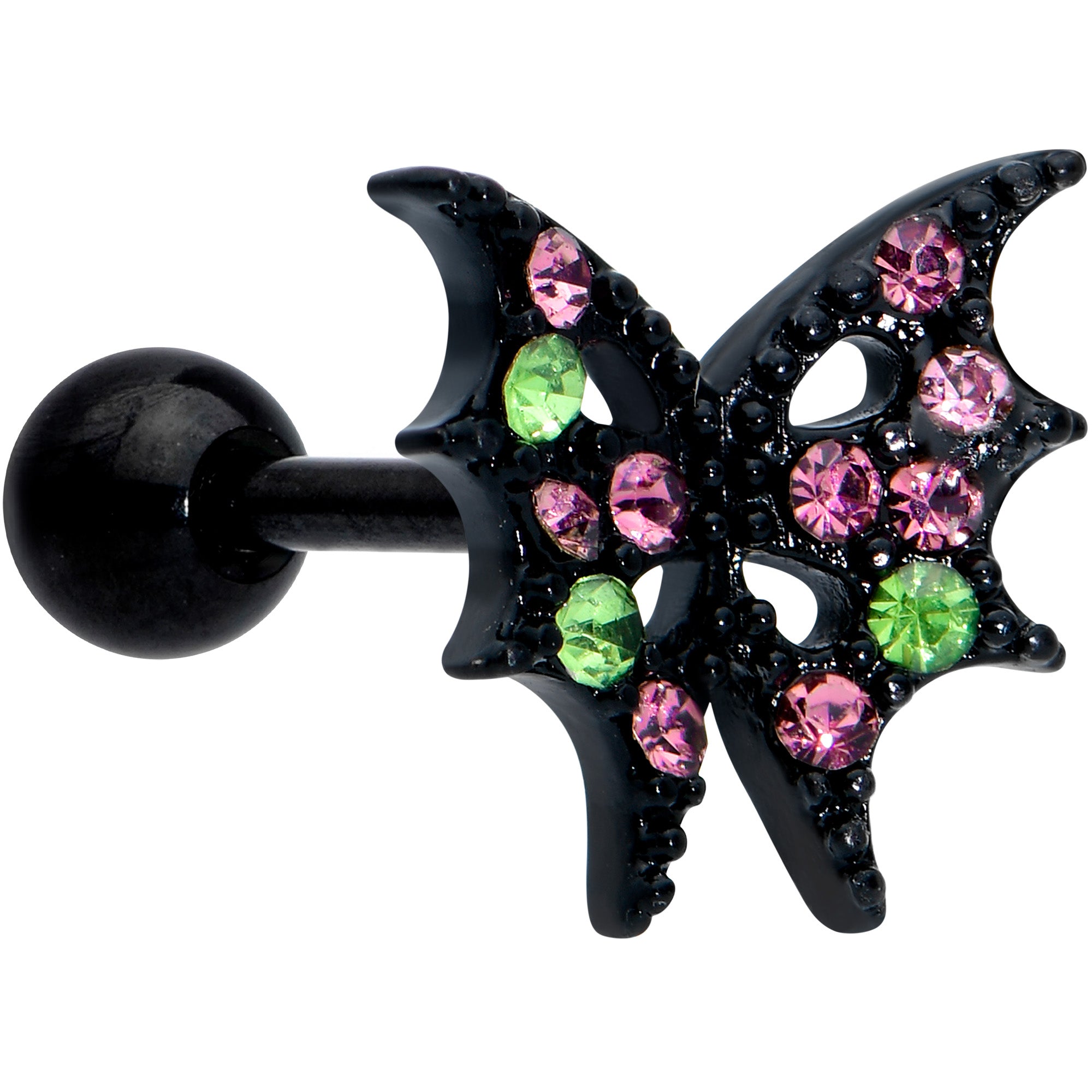 16 Gauge 1/4 Pink Green Gem Black Bat Wings Halloween Cartilage Tragus