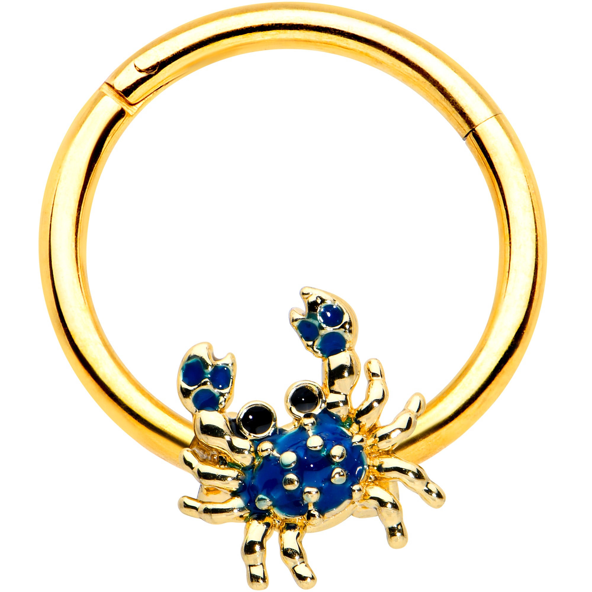 16 Gauge 3/8 Gold Tone Blue Crab Nautical Hinged Segment Ring
