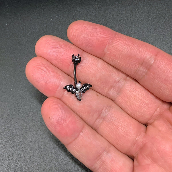 Clear Gem Black Vampire Bat Halloween Double Mount Belly Ring – BodyCandy