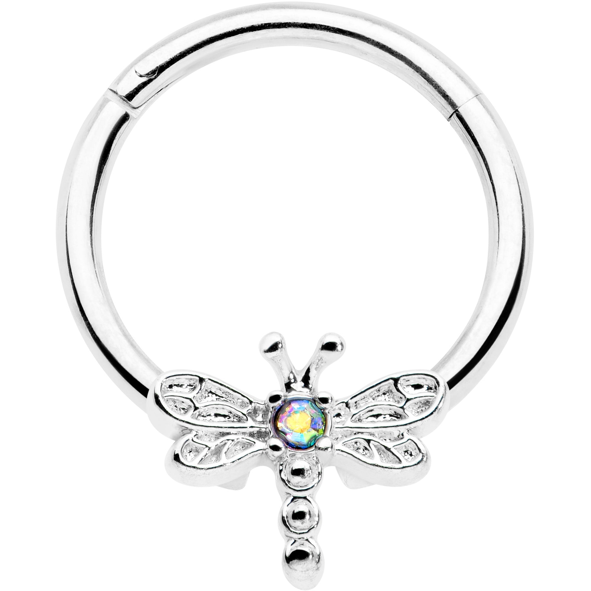 16 Gauge 3/8 Aurora Gem Dragonfly Flying Hinged Segment Ring