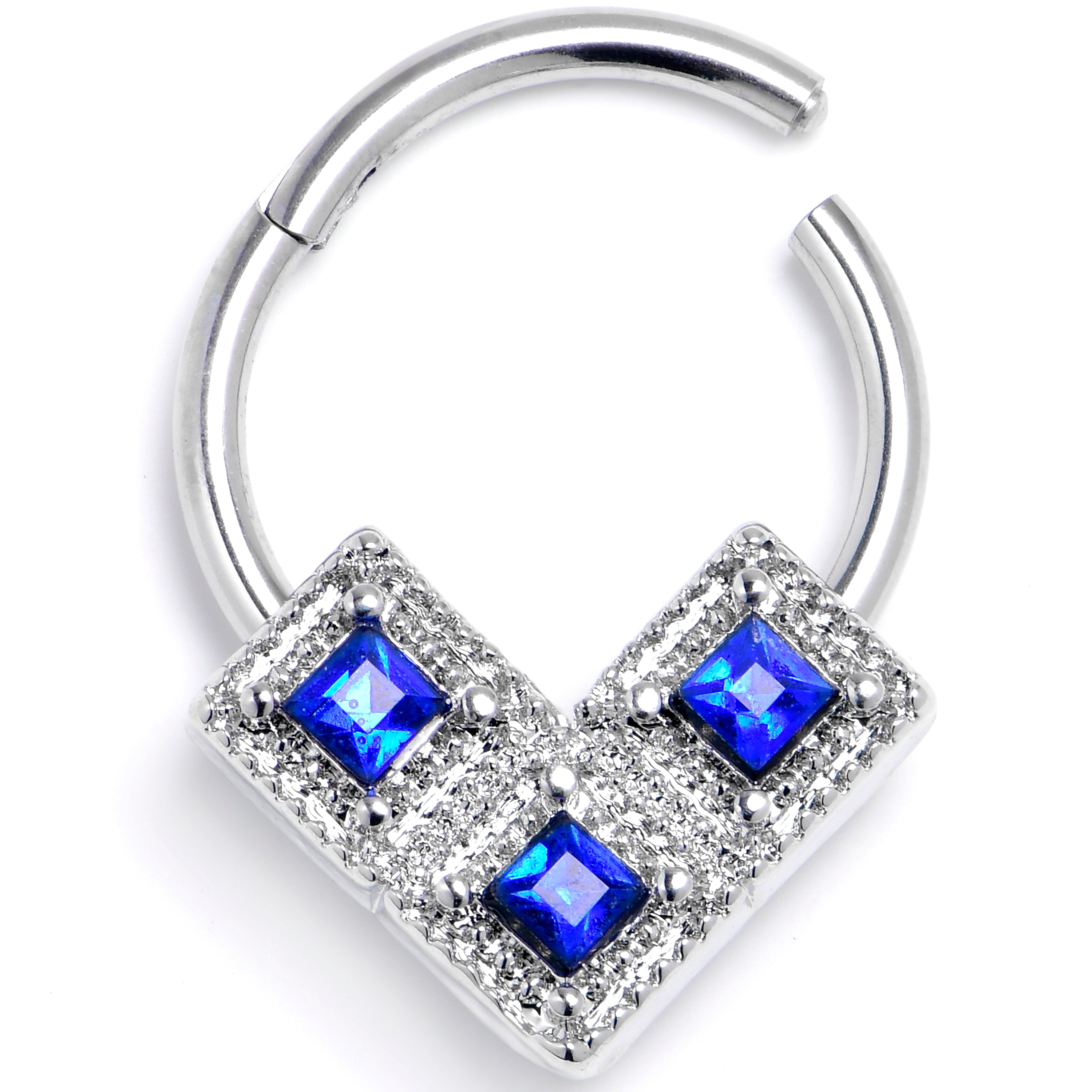 16 Gauge 3/8 Blue Clear Gem Rhombus Royale Trio Hinged Segment Ring