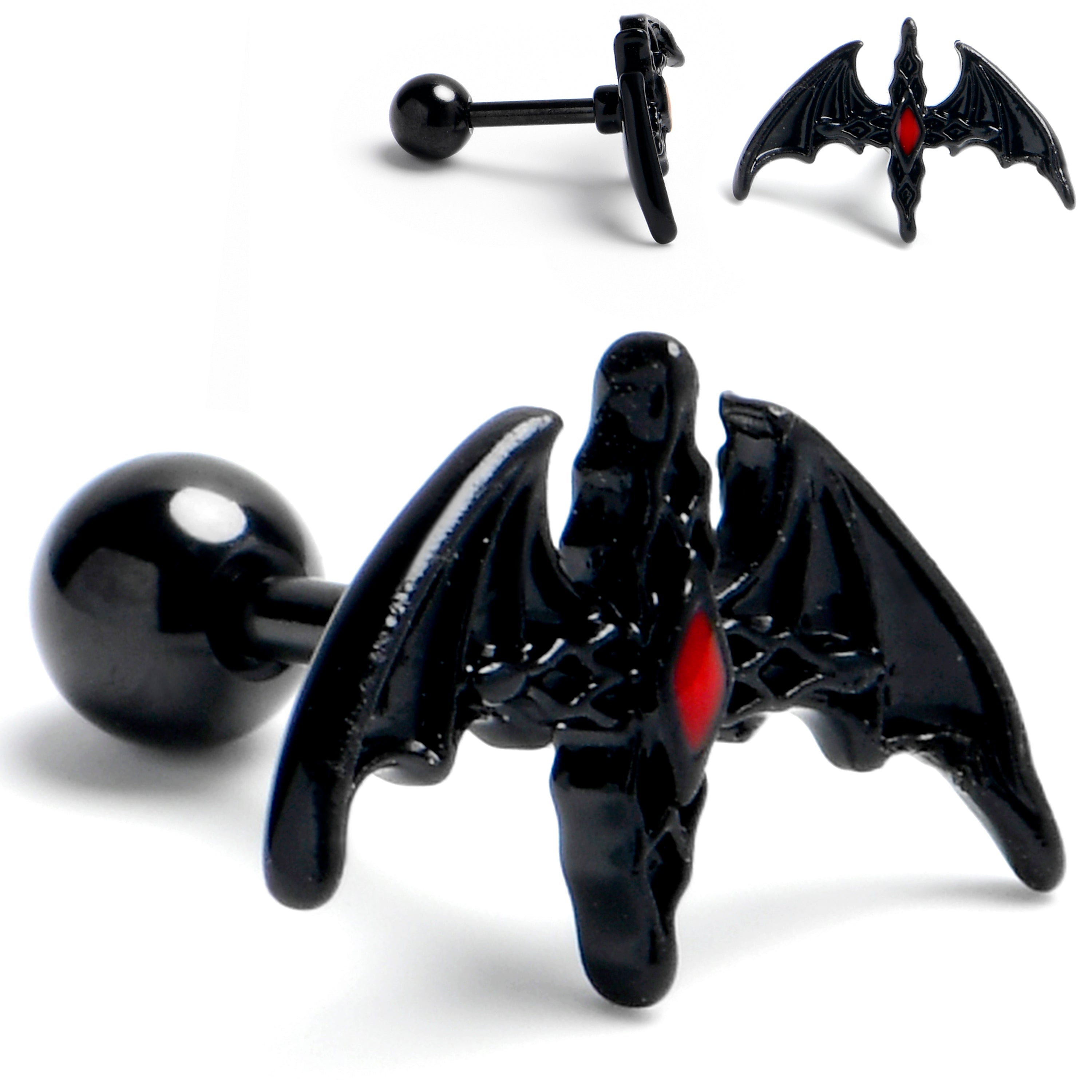 16 Gauge 1/4 Black Soaring Bat Cartilage Tragus Earring