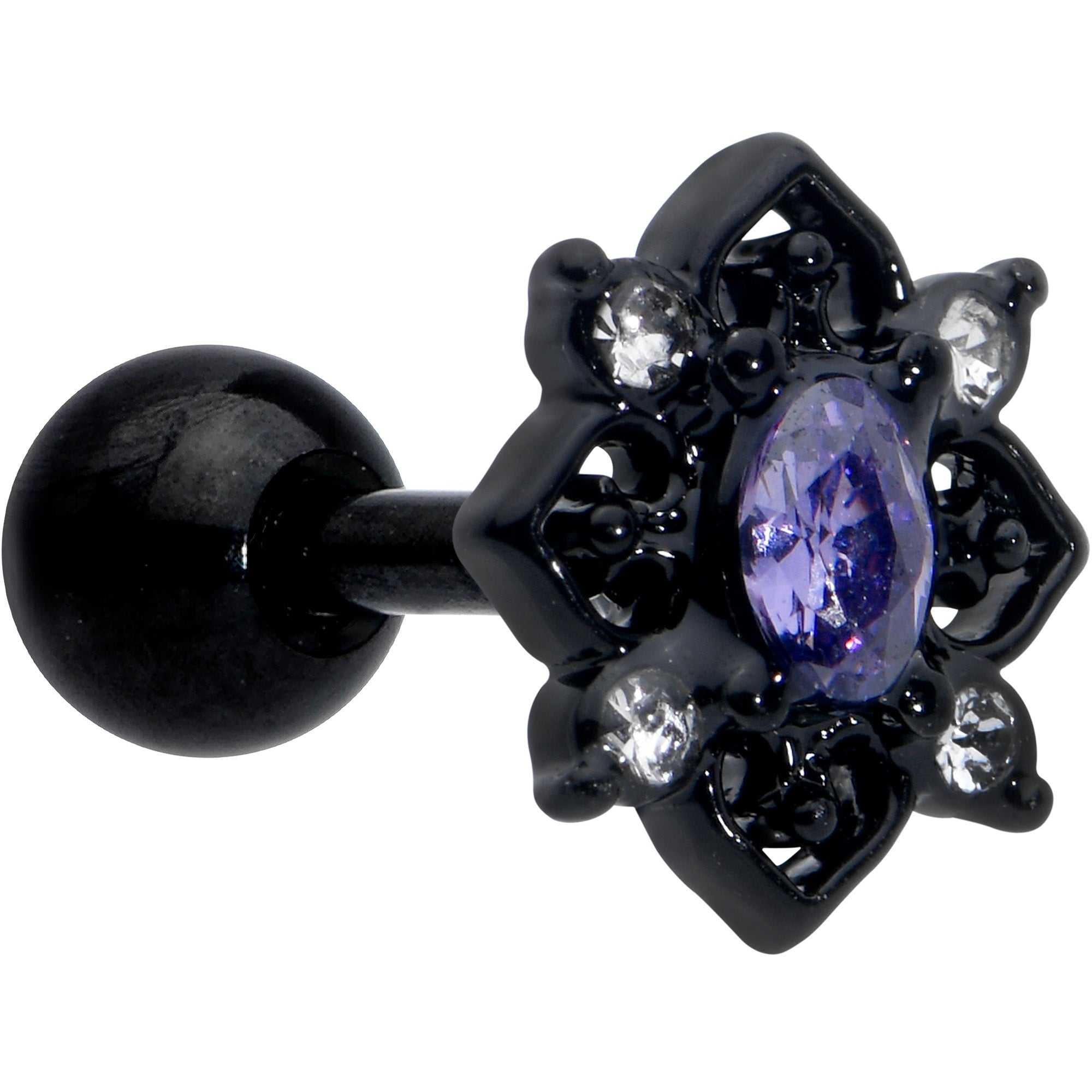 16 Gauge 1/4 Purple Gem Black Scrolling Hearts Cartilage Tragus Earrin