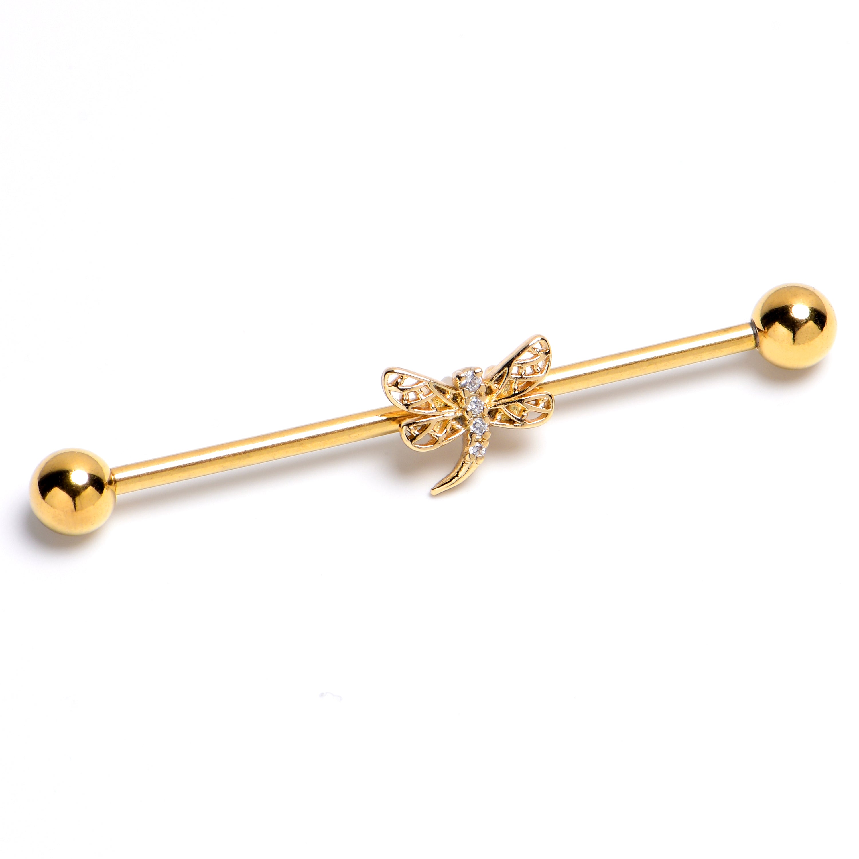14 Gauge Clear Gem Gold Tone Filigree Dragonfly Industrial Barbell 38m
