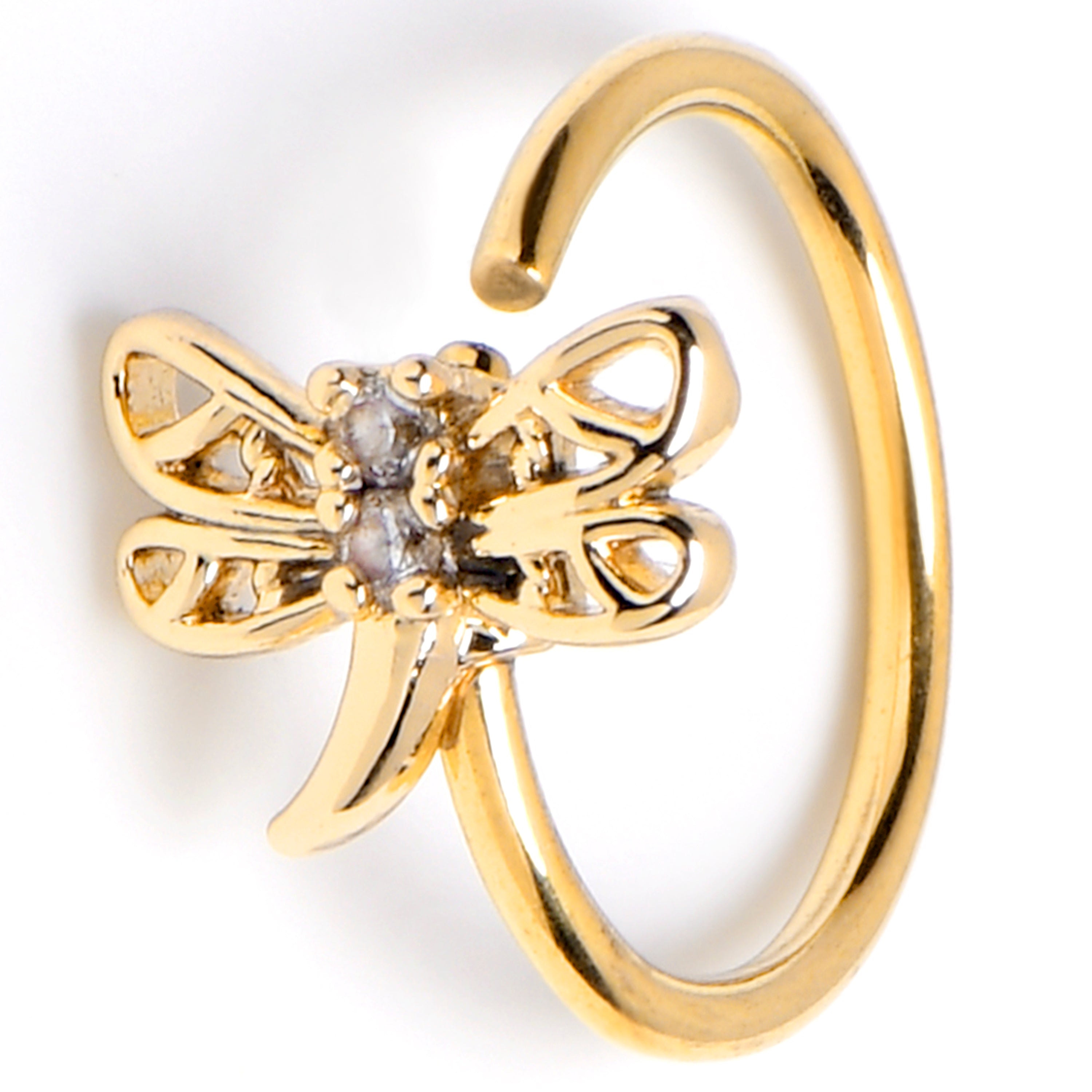 20 Gauge 5/16 Clear Gem Gold Tone Filigree Dragonfly Nose Hoop