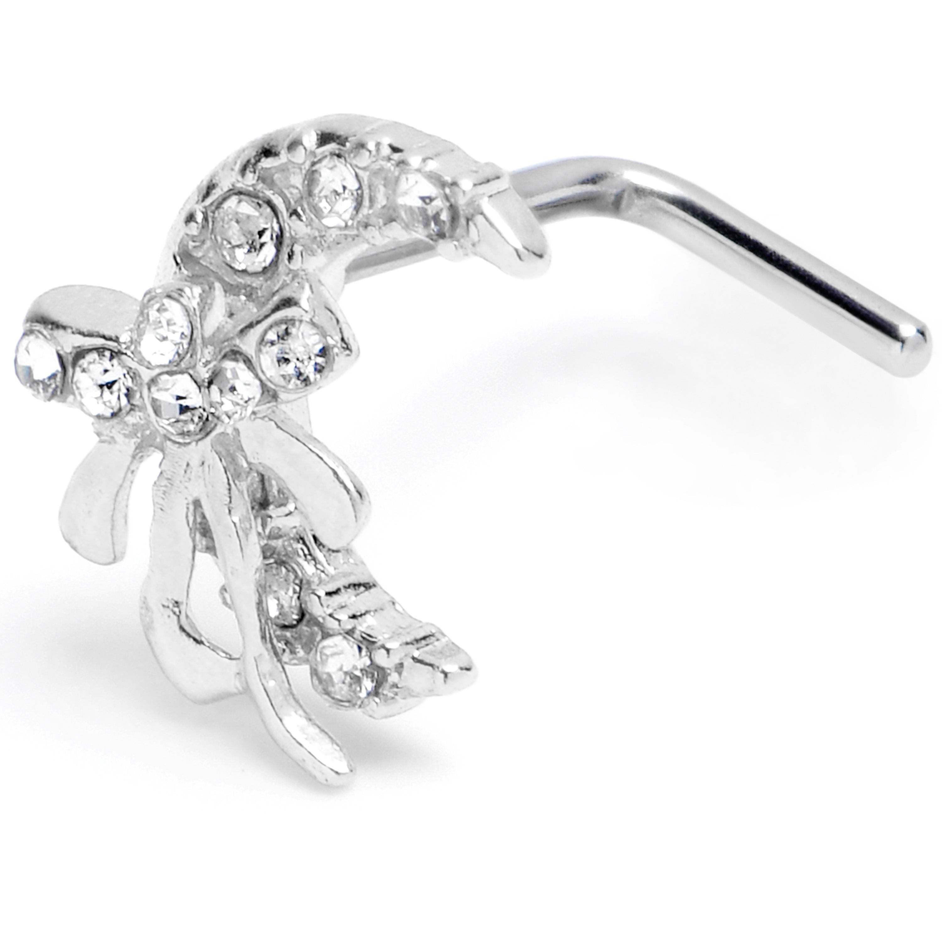 20 Gauge 1/4 Clear CZ Gem Bow Moon L Shape Nose Ring