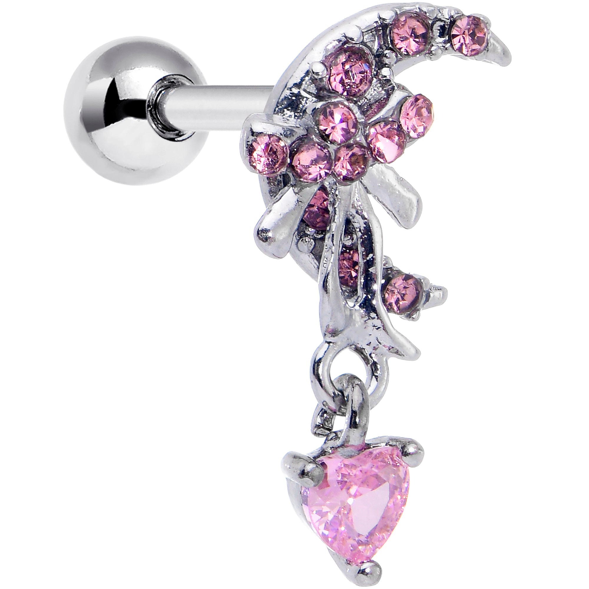 16 Gauge 1/4 Pink CZ Gem Moon Bow Heart Dangle Cartilage Tragus Earrin