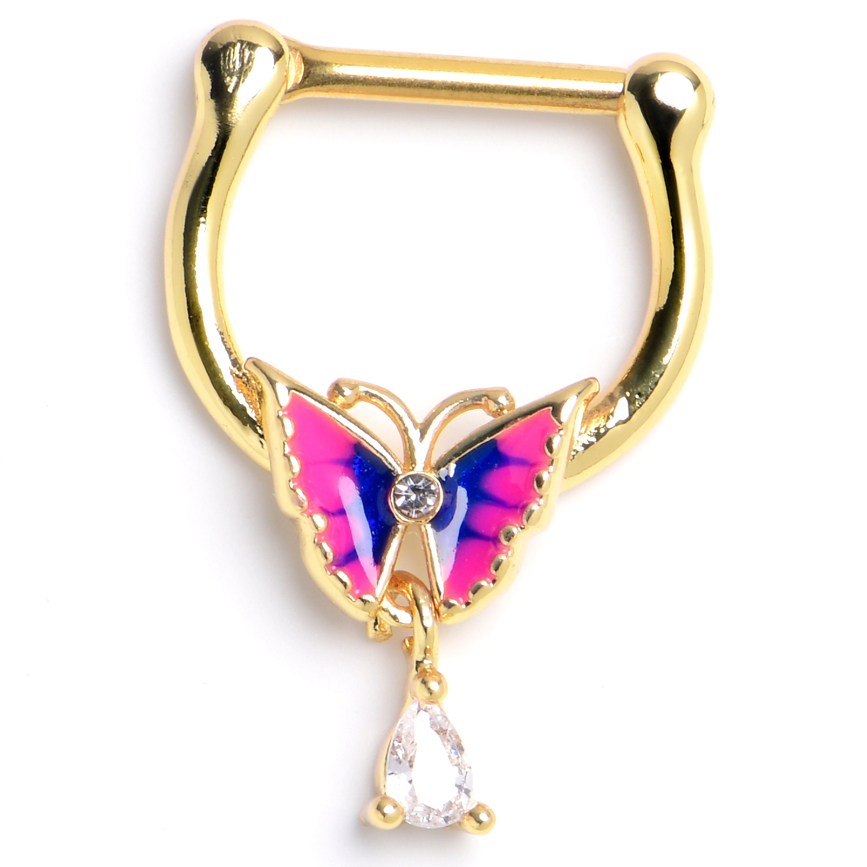 16G 5/16 Clear CZ Gem Gold Tone Butterfly Pink Dangle Clicker