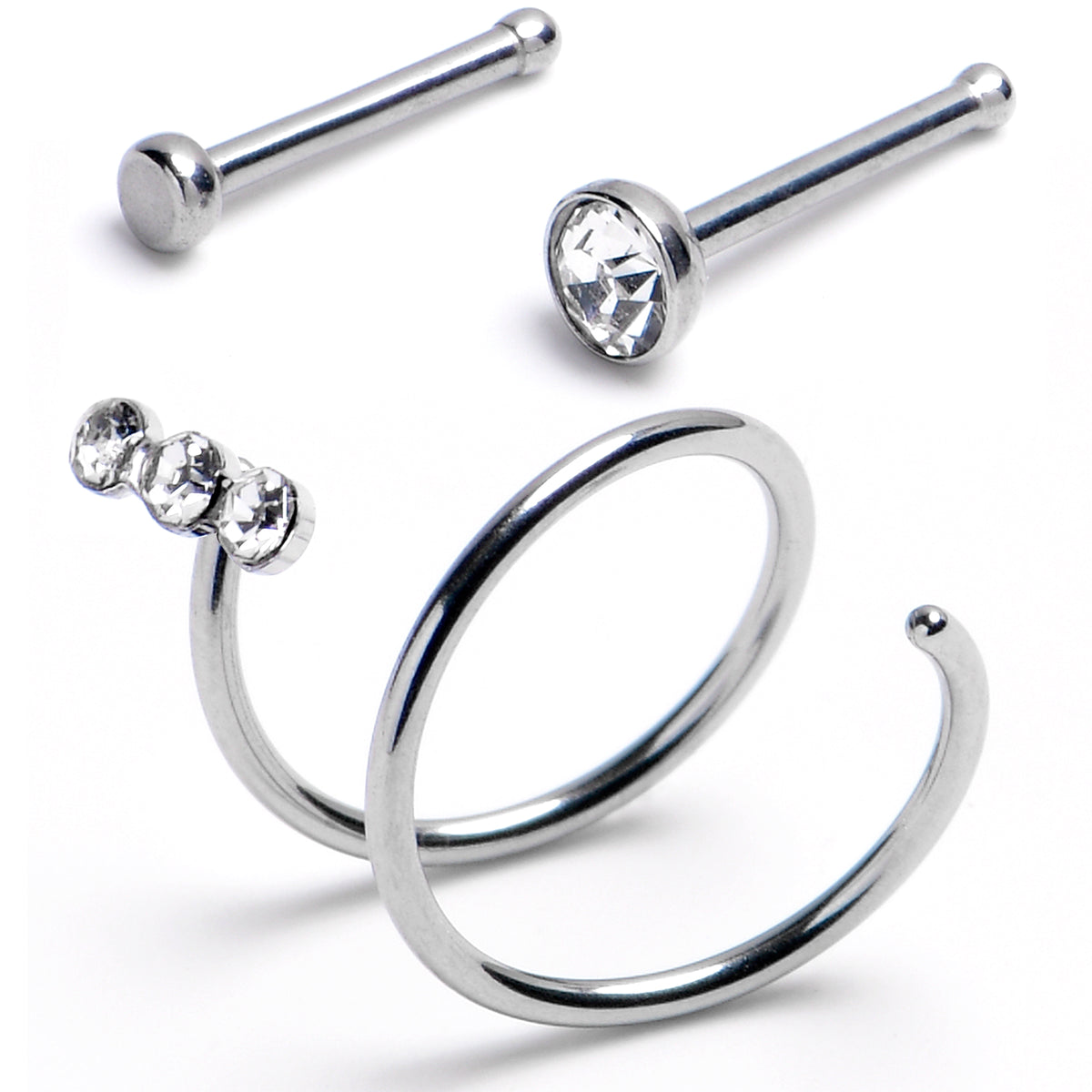 20 Gauge Nose Bone Triple Gem Twister Double Nose Hoop Ring 3 Pack
