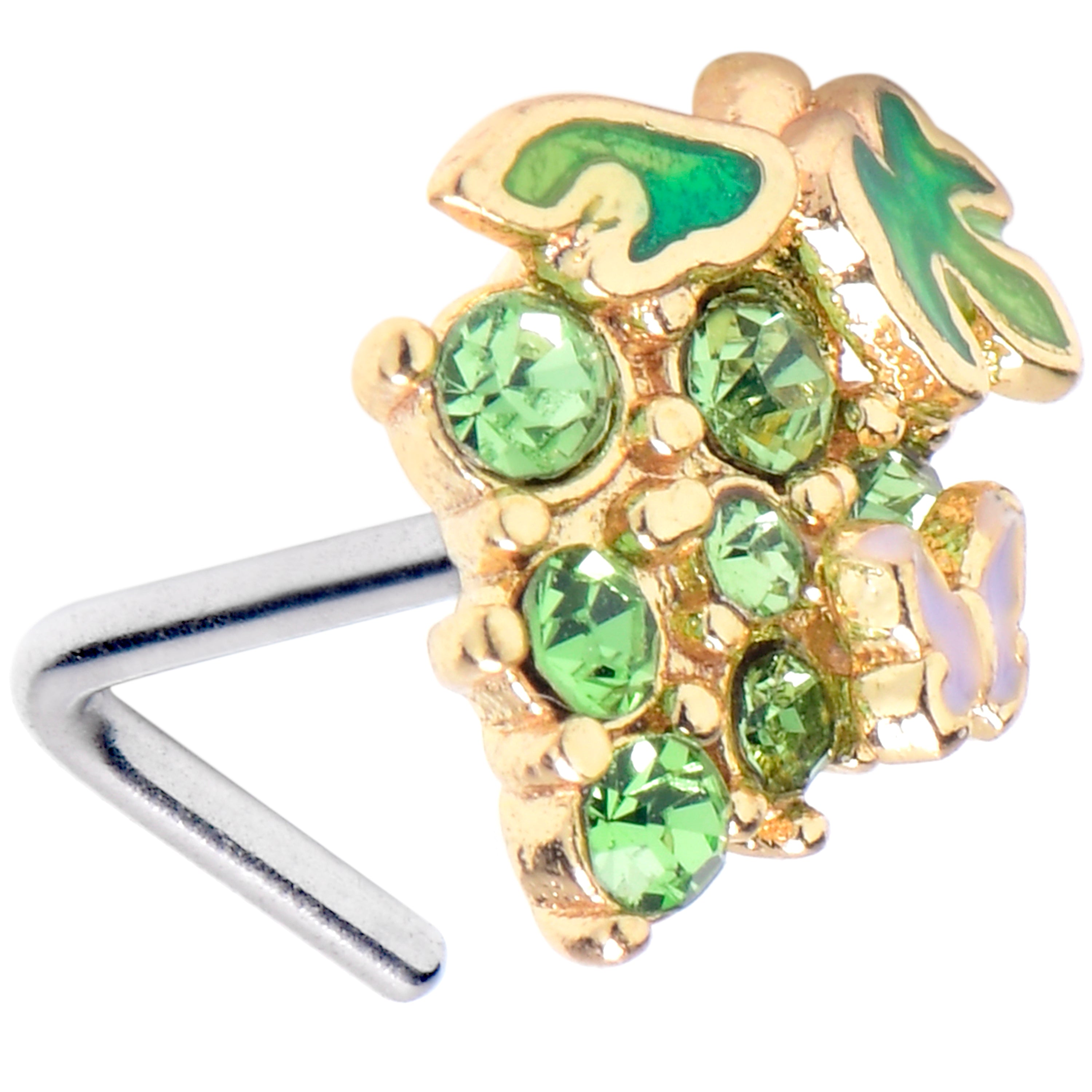 20 Gauge 7mm Green Gem Butterfly Grapes L Shape Nose Ring