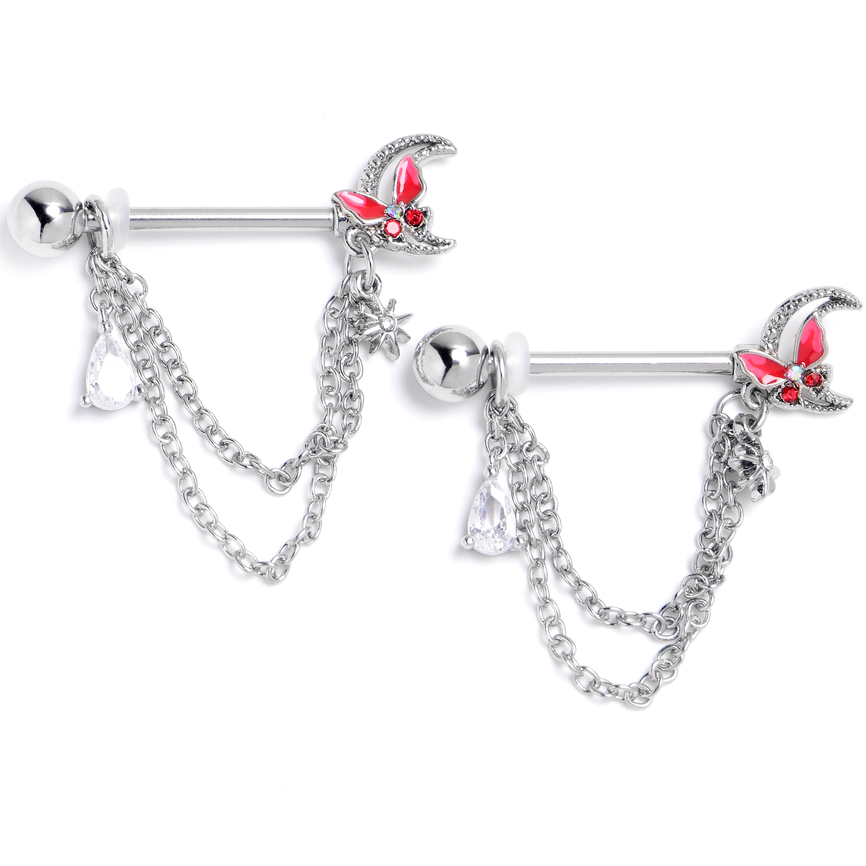 14 Gauge 9/16 Clear CZ Gem Butterfly Pink Beauty Dangle Nipple Ring Se