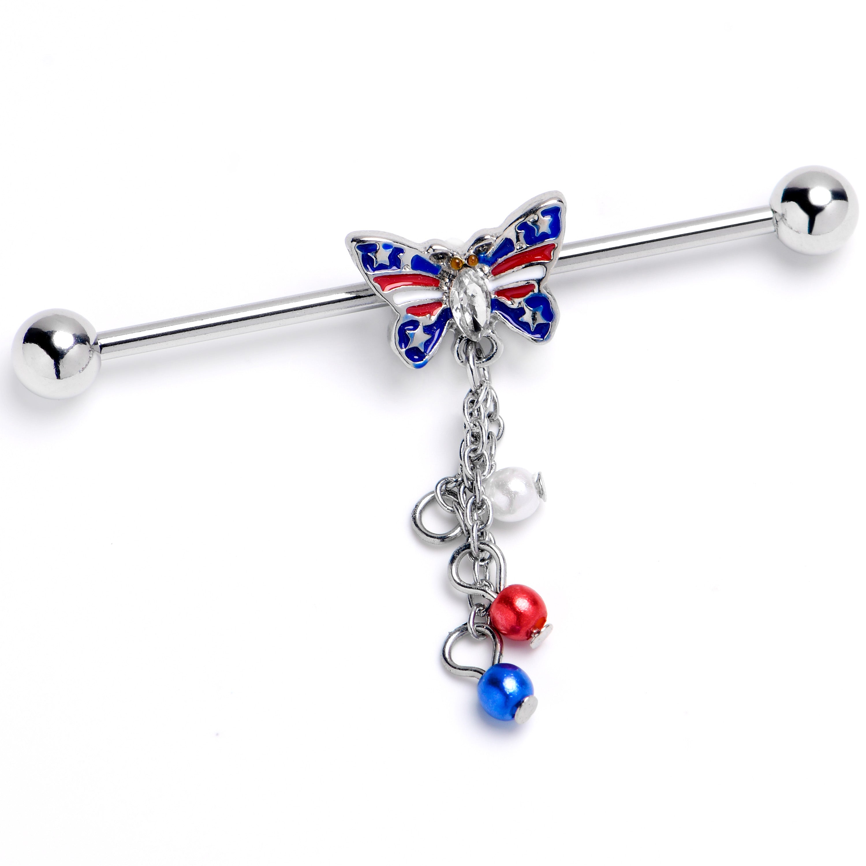 14 Gauge Clear Gem Patriotic Butterfly Dangle Industrial Barbell 38mm