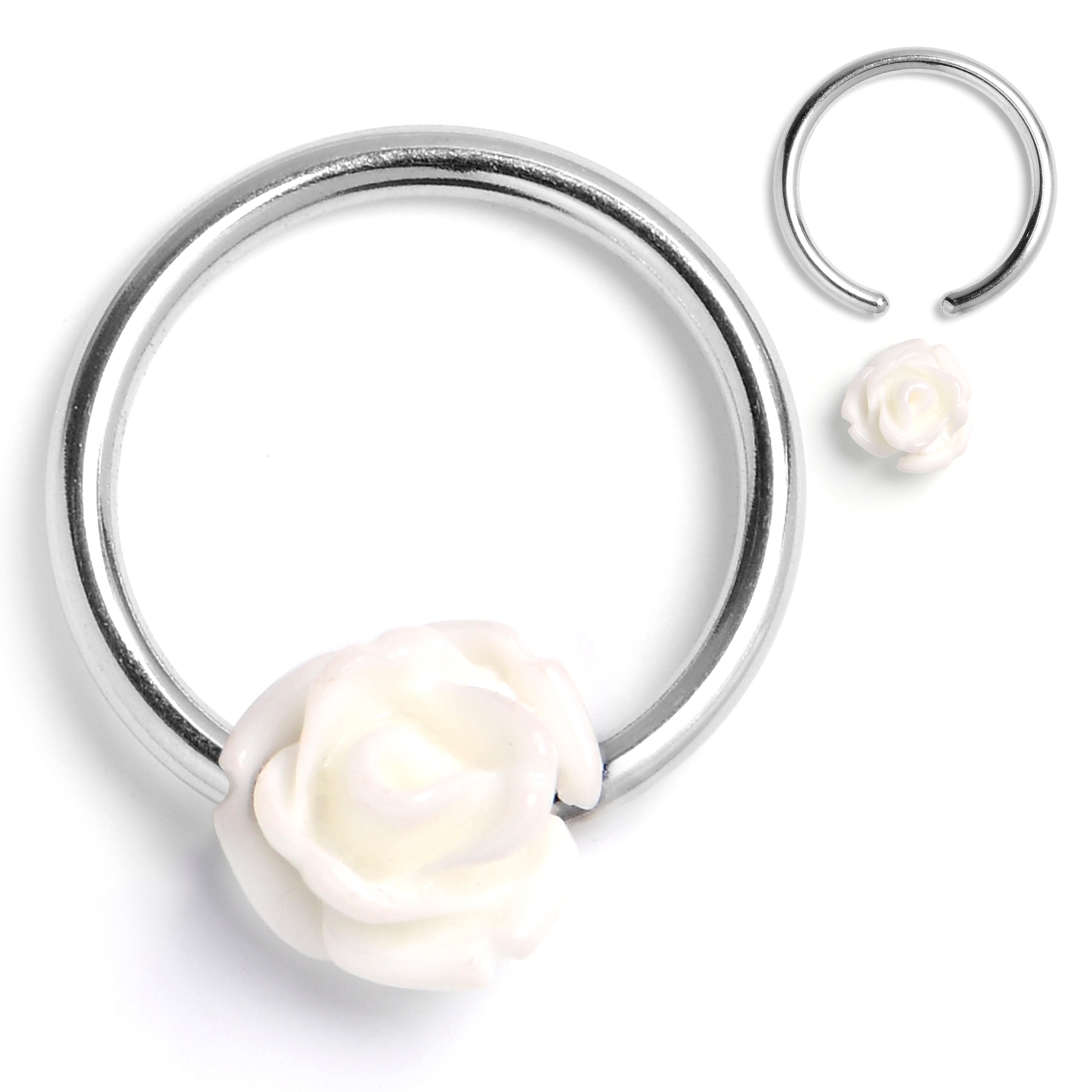 16 Gauge 3/8 Open Bloom Rose White BCR Captive Ring