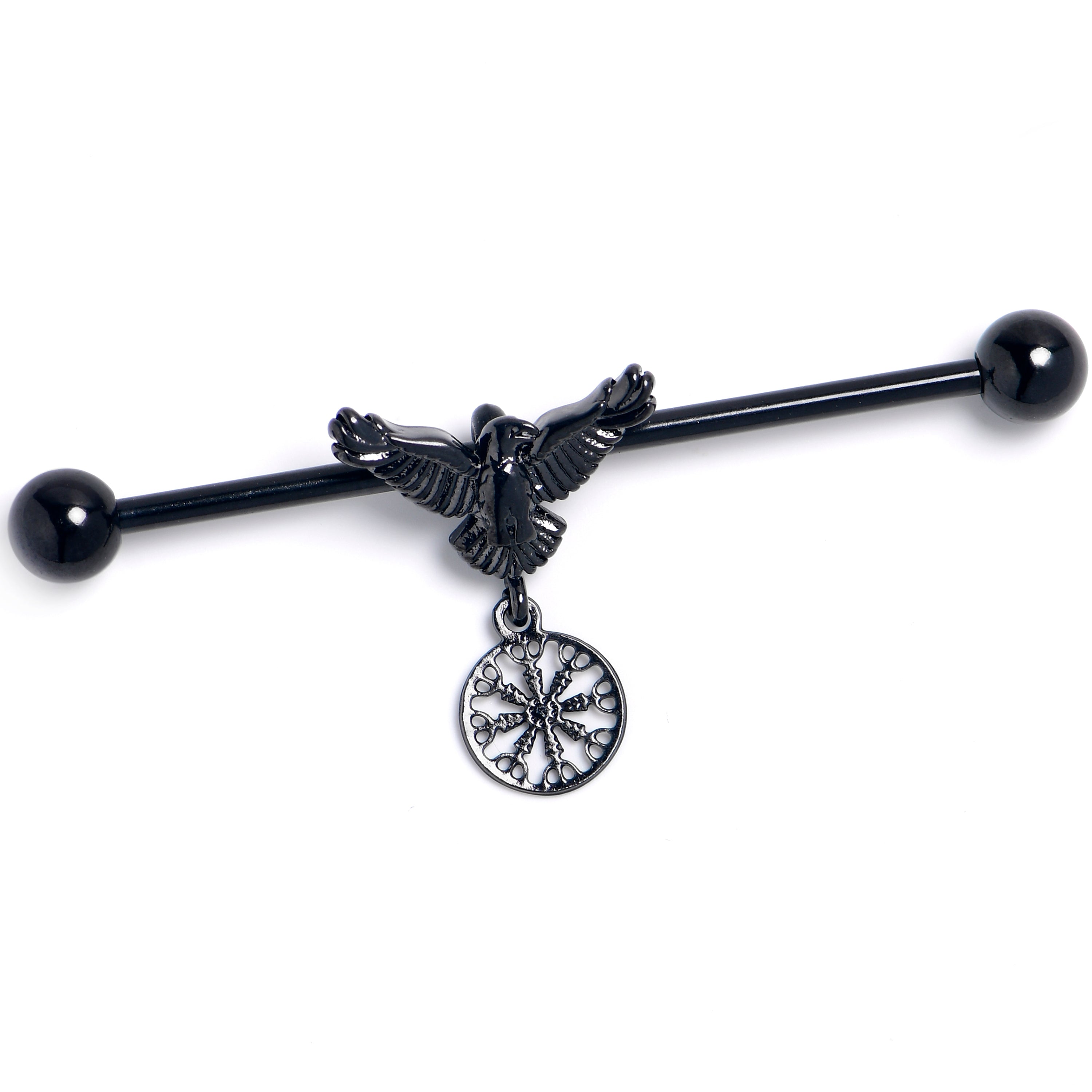 14 Gauge Black Raven Bird Wheel Dangle Industrial Barbell 38mm