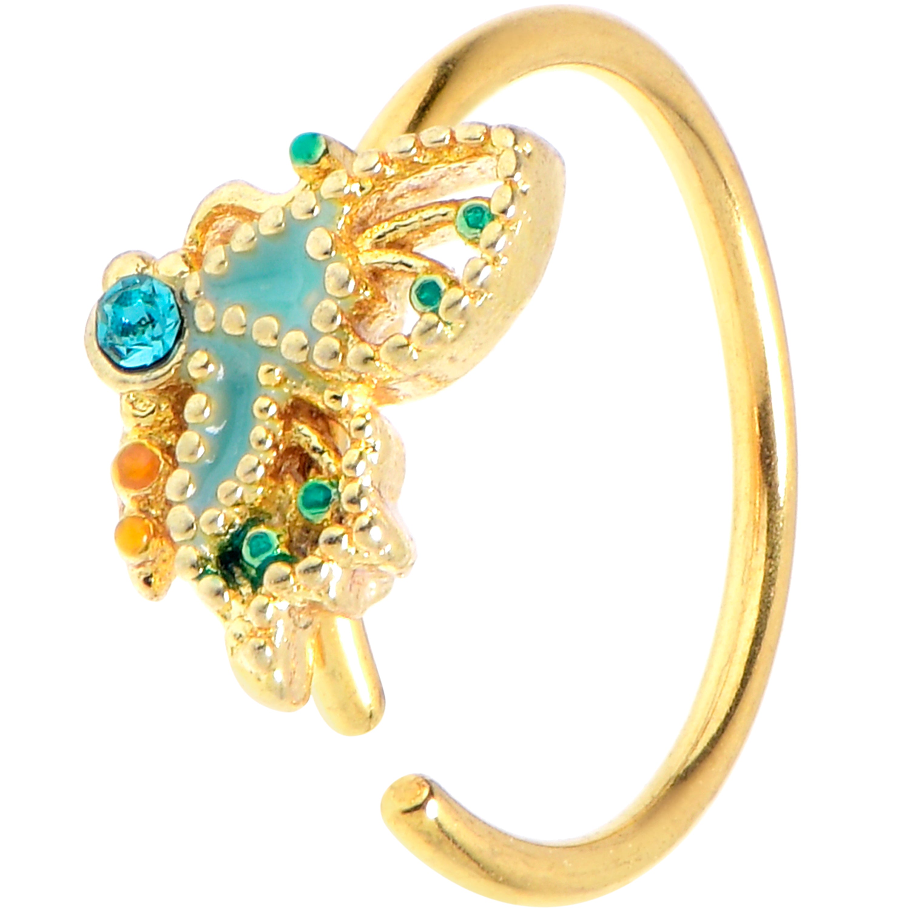 20 Gauge 5/16 Blue Gem Gold Tone Ribbon Butterfly Nose Hoop