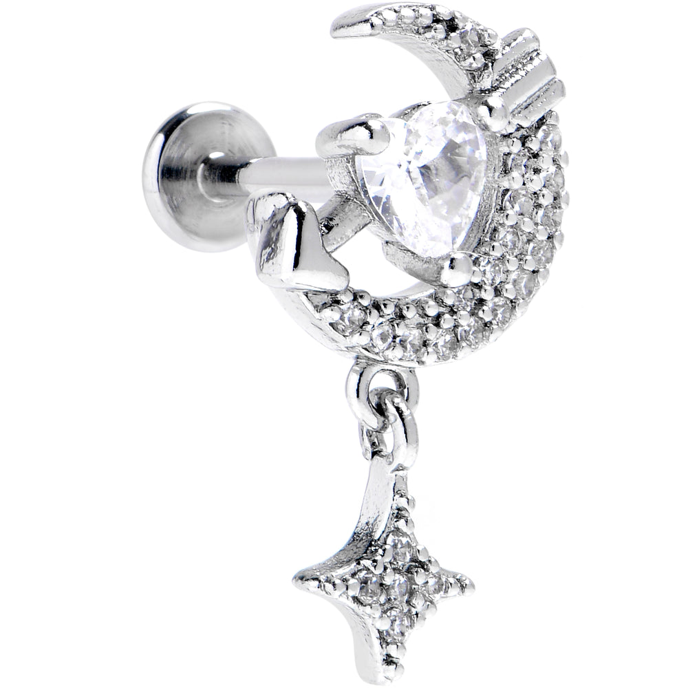 16 Gauge 5/16 Clear CZ Gem Moon Lover Internally Threaded Labret Tragu