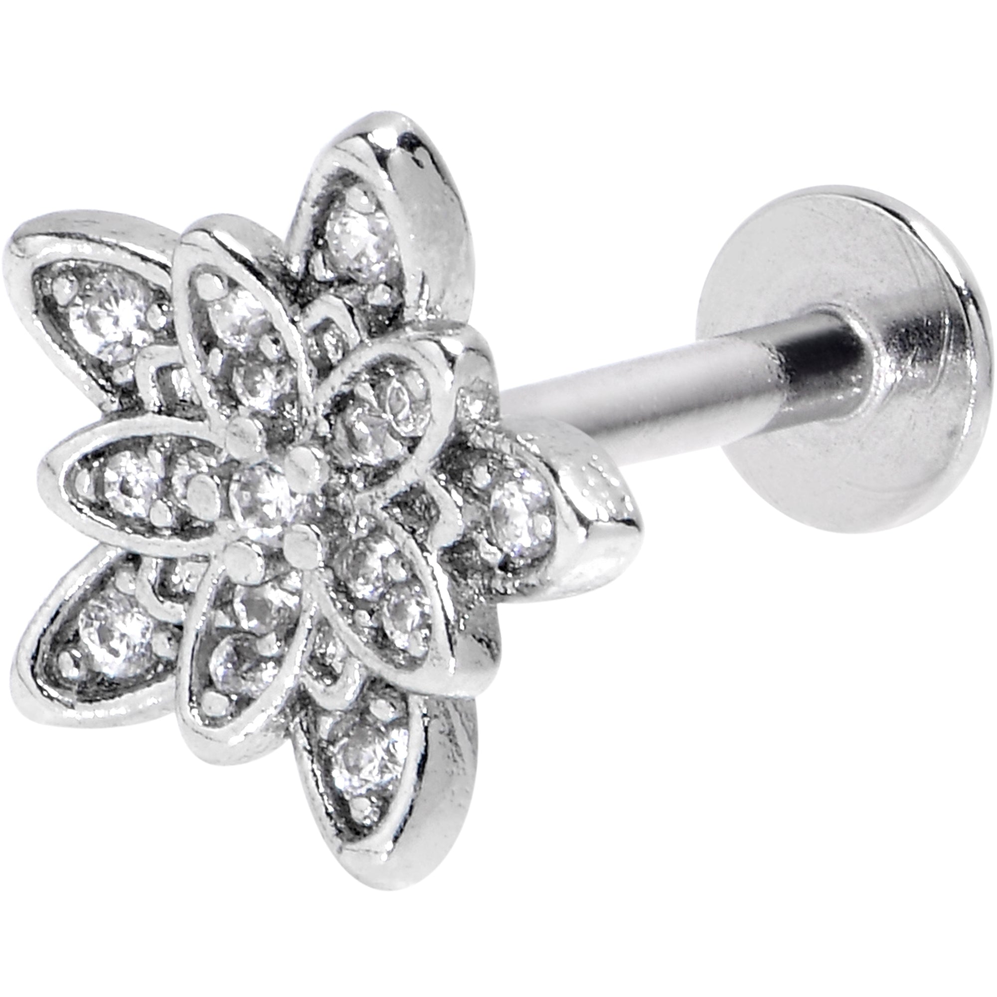 16 Gauge 5/16 Clear CZ Gem Snowflake Flower Labret Monroe Tragus