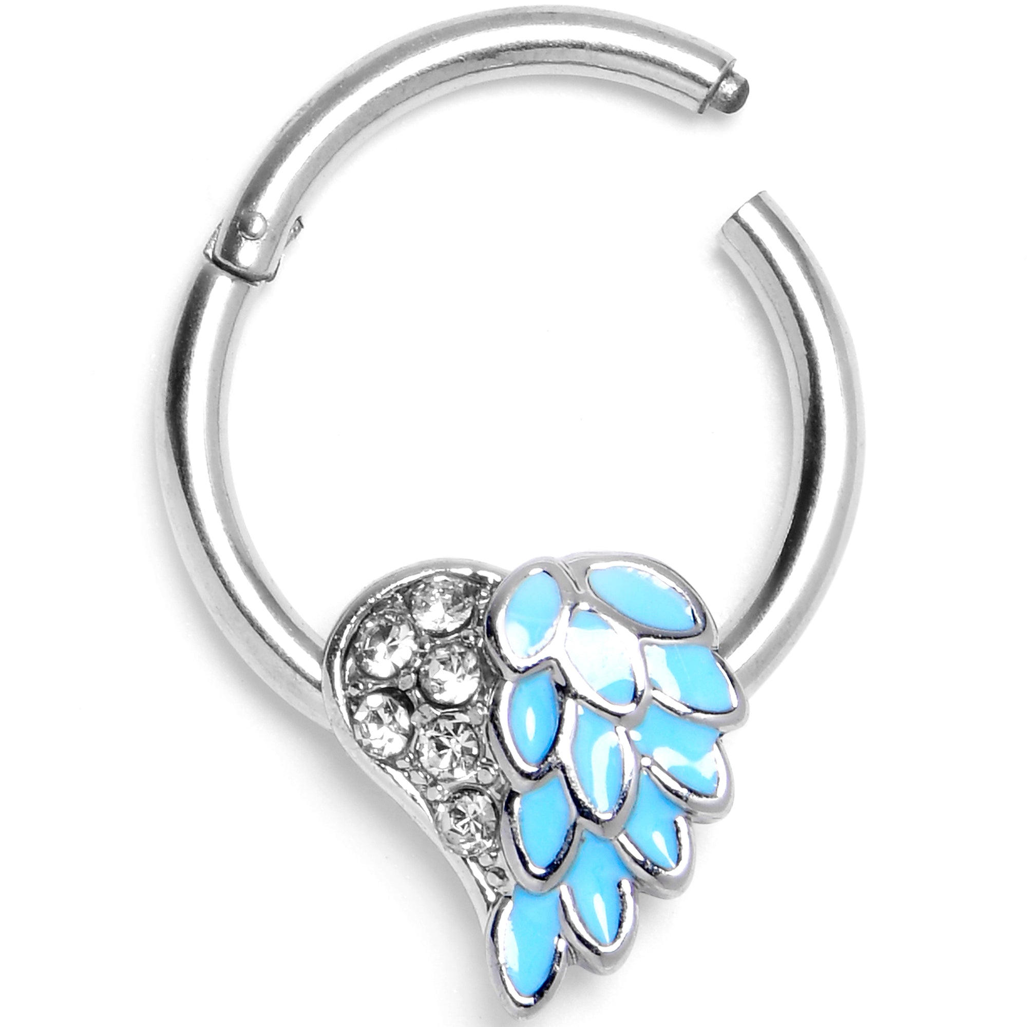 16 Gauge 3/8 Blue Heavenly Heart Angel Wings Hinged Segment Ring